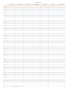 Free Printable 24-Hour Weekly Calendar Template - To Print