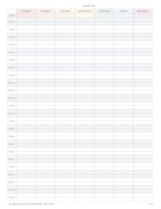 Free Printable 24-Hour Weekly Calendar Template - To Print