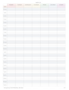 Free Printable 24-Hour Weekly Calendar Template - To Print