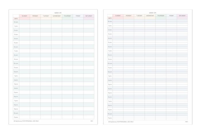 Free Printable 24-Hour Weekly Calendar Template - To Print