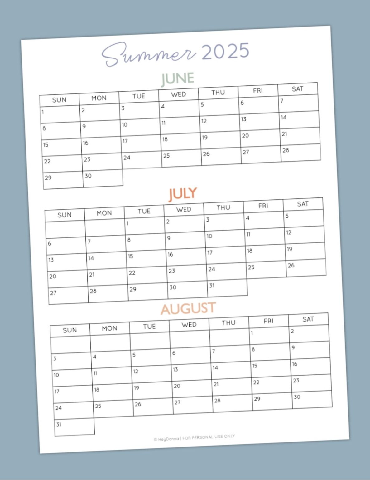Summer Calendar - 3 Months on One Page - Hey, Donna!