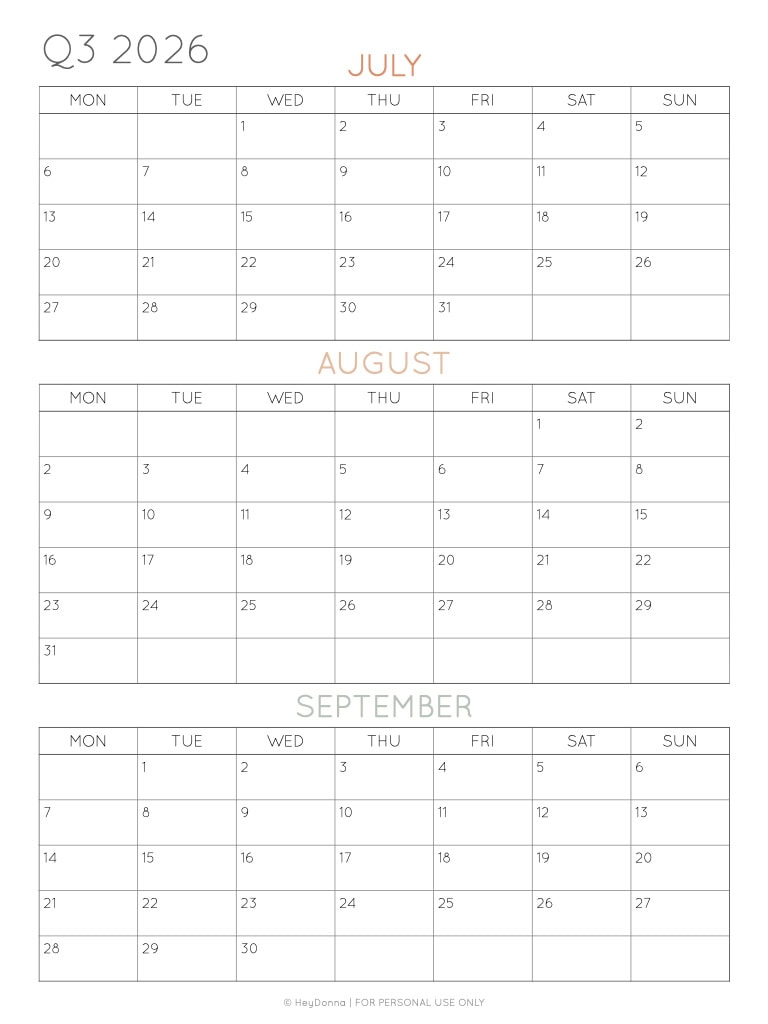 2026 3-Month Quarterly Calendar Printables - FREE