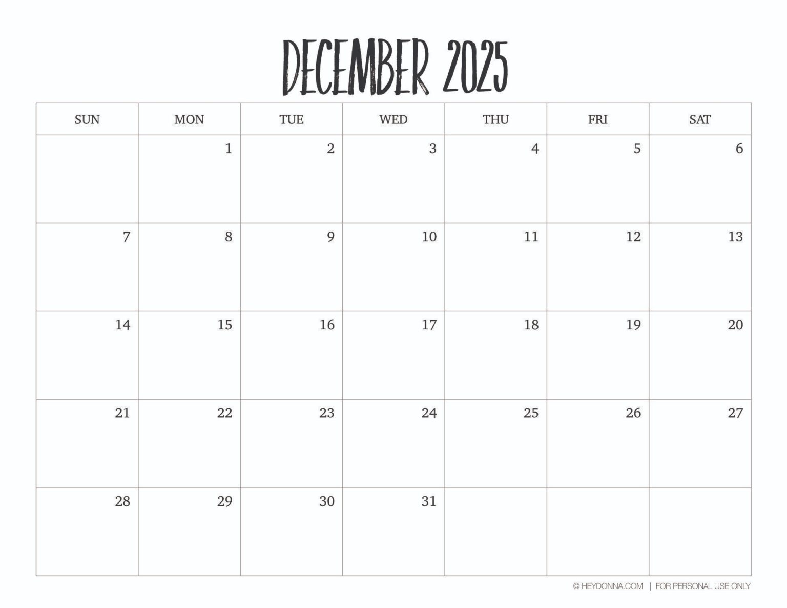 Printable December 2025 Monthly Calendar - Hey, Donna!