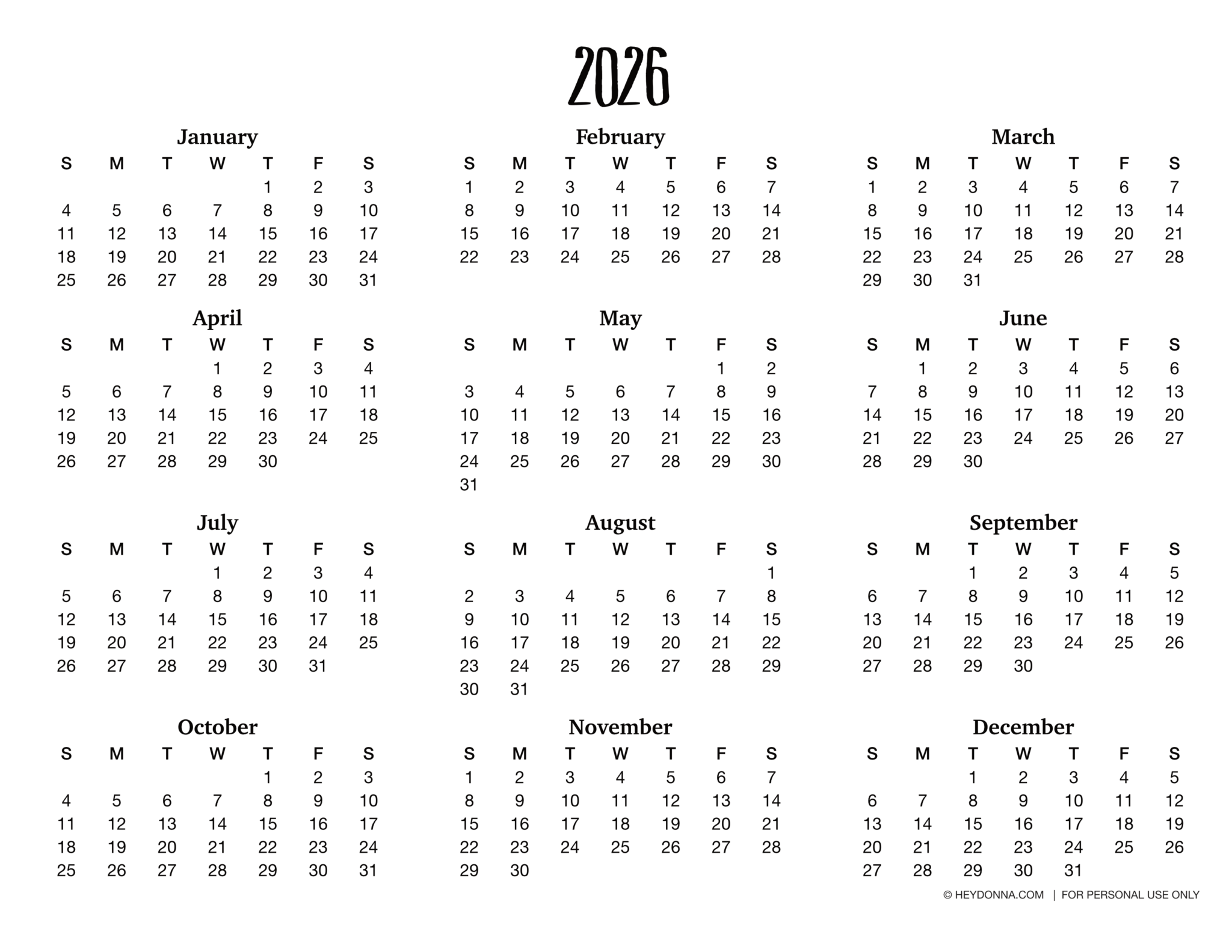 Printable 2026 Calendar on One Page - Hey, Donna!