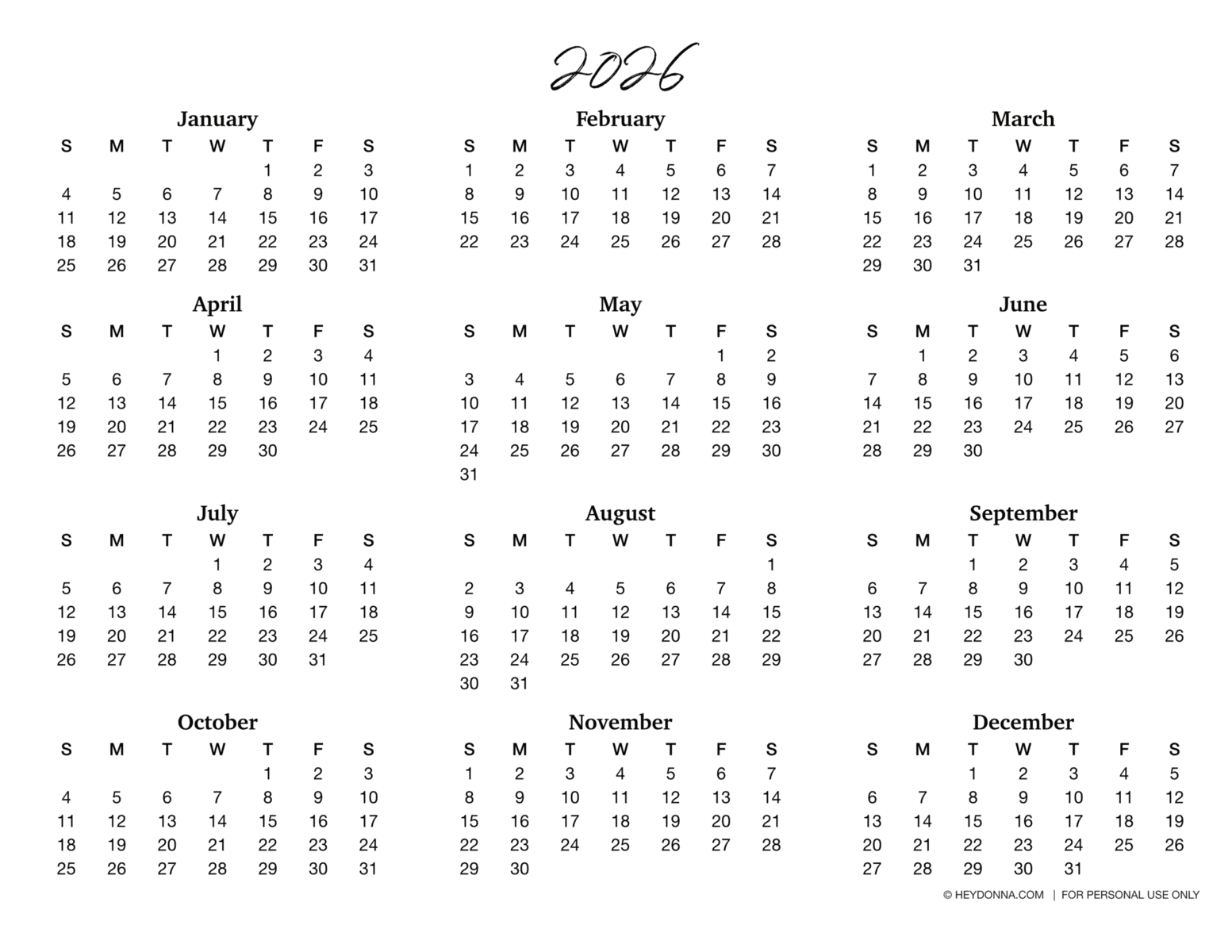 Printable 2026 Calendar on One Page - Hey, Donna!